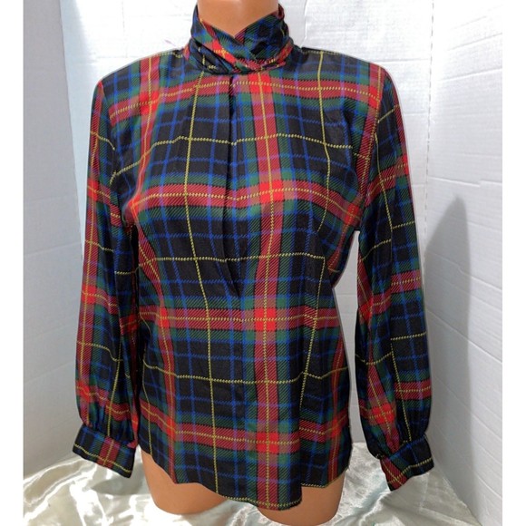 Unknown | Tops | Vintage Scottish Red Plaid Silky High Neck Secretary ...